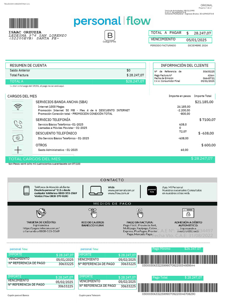 Factura Telecom Argentina - Enero 2025 | PDF | Cupón | Internet