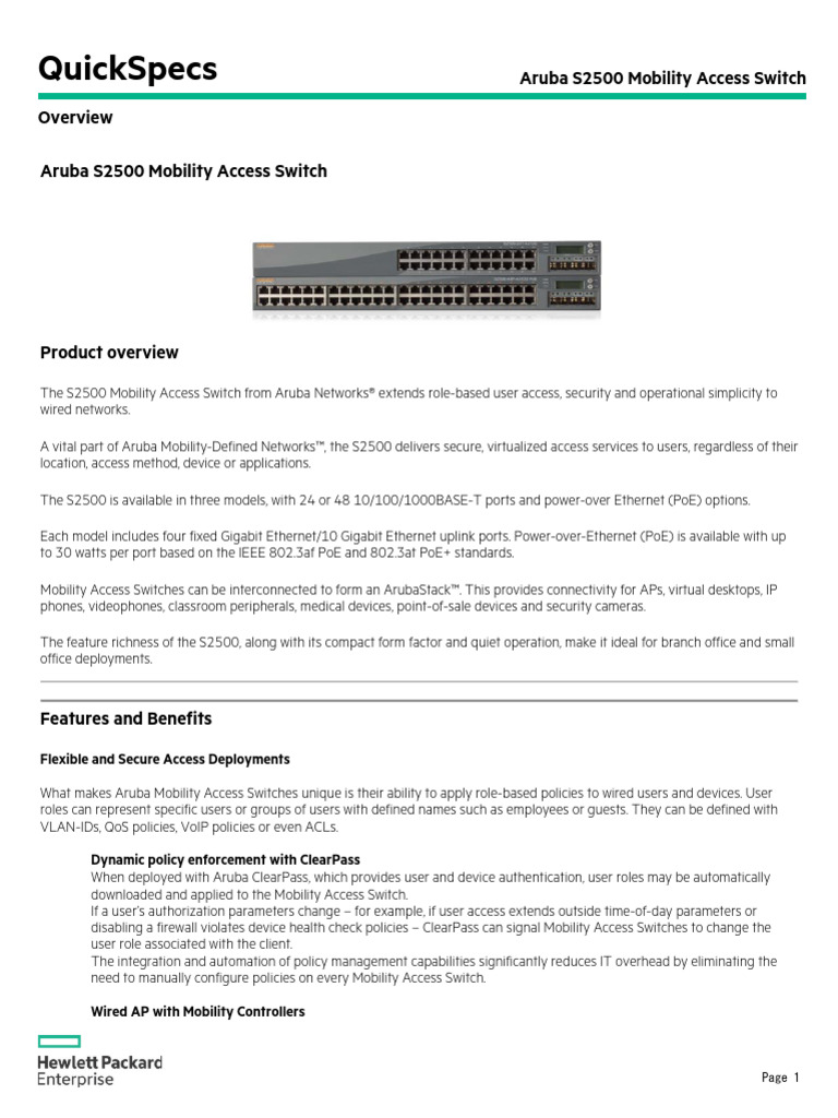 Aruba S2500 Mobility Access Switch Overview | PDF | Computer Network ...