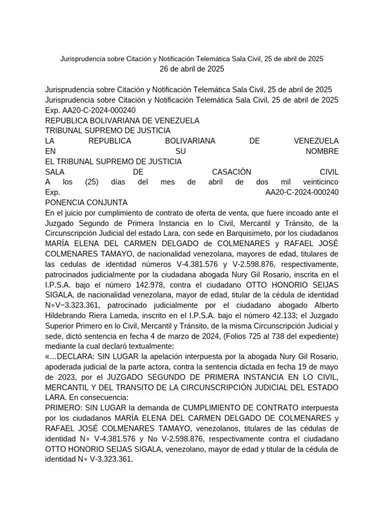 Jurisprudencia Sobre Citación y Notificación Telemática Sala Civil, 25 de Abril de 2025 | PDF ...