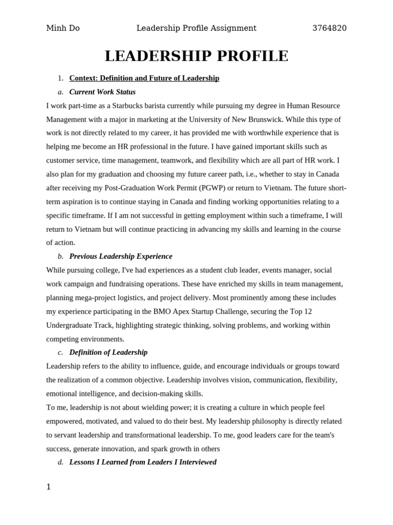 Leadership Profile Assignment - Minh Do - 3764820 | PDF | Leadership ...