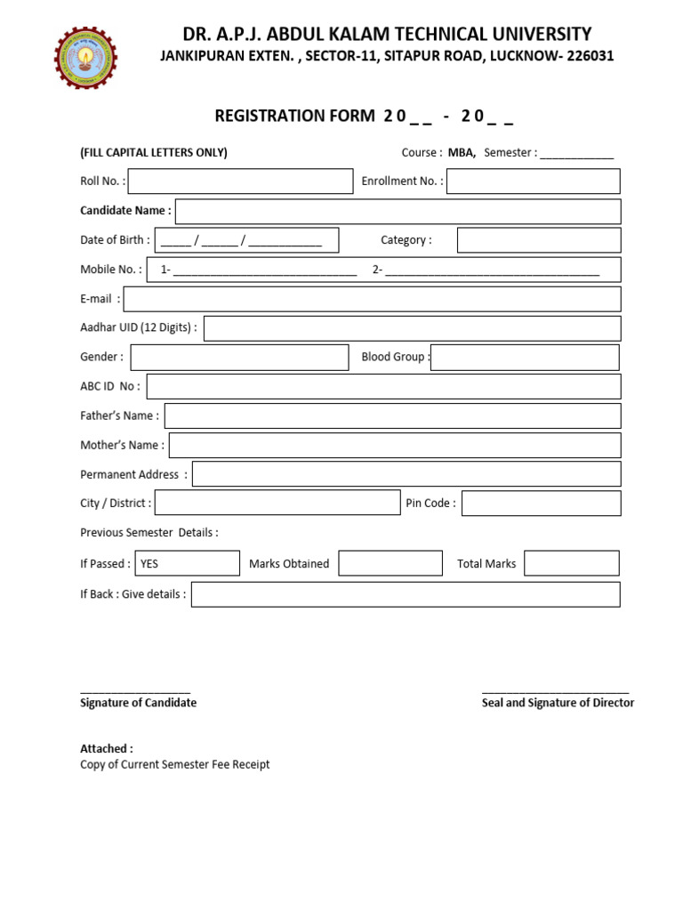 Aktu Semester Registration Form | PDF