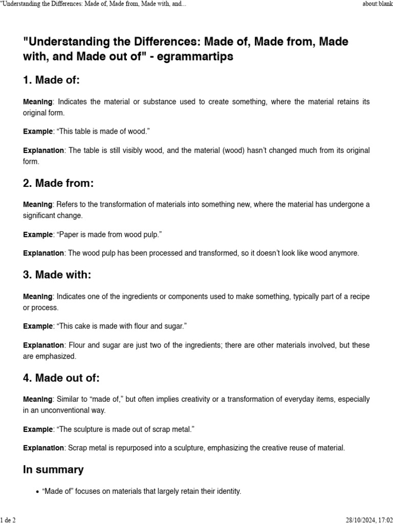 Differences Between Made Of, From, With | PDF