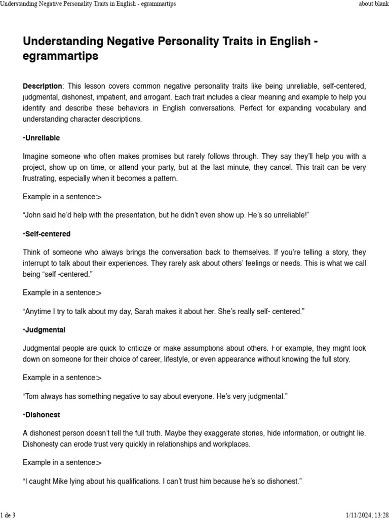 Understanding Negative Personality Traits in English | PDF ...