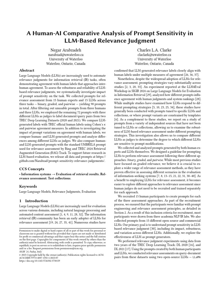 A Human-AI Comparative Analysis of Prompt Sensitivity in LLM-Based Relevance Judgment | PDF ...