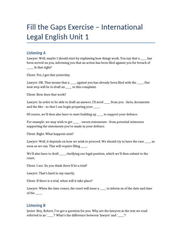 Fill The Gaps International Legal English Unit 1 A and B | PDF | Lawyer ...