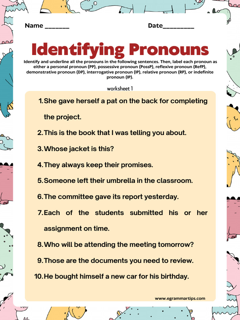 Identifying Pronouns: Name - Date | PDF | Pronoun | Language Mechanics