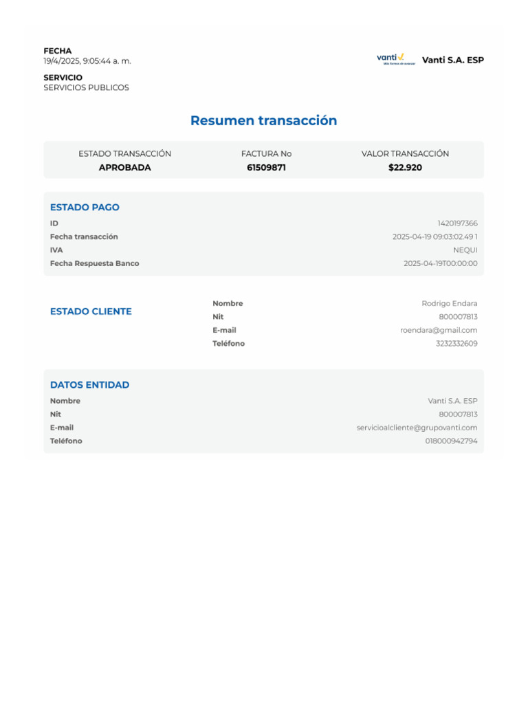 Pago - Vanti Casa Abril - 2025 | PDF