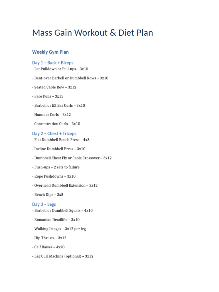 Mass Gain Workout and Diet Plan | PDF | Lunch | Meal