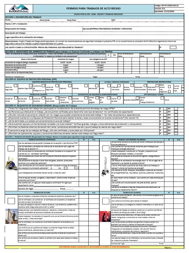Permiso para Trabajos de Alto Riesgo | PDF