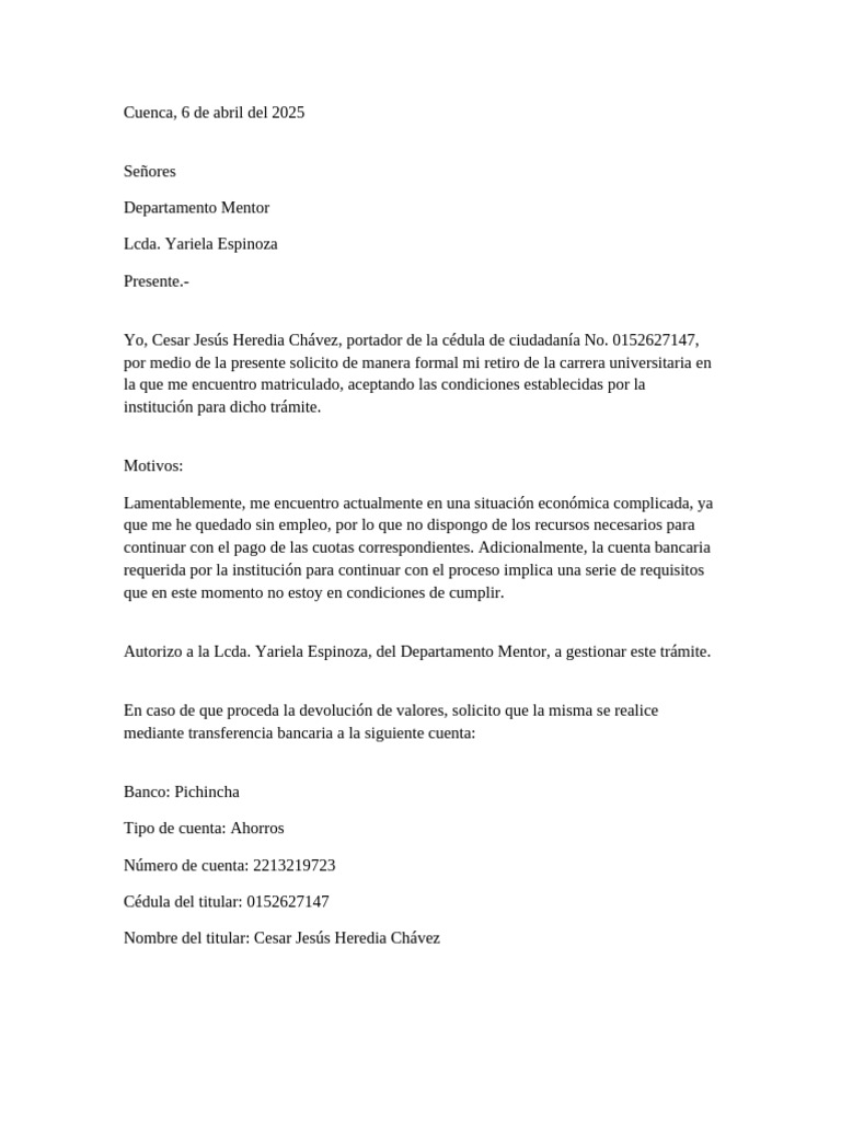 Solicitud Retiro Cesar Heredia | PDF