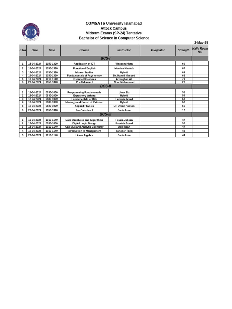 Midterm Date Sheet SP24 V1 | PDF