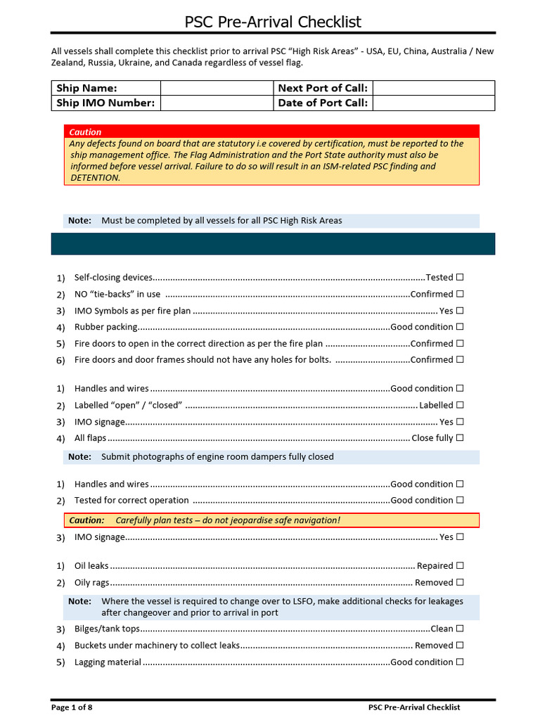 PSC Pre-Arrival Checklist for Vessels | PDF | Firefighting