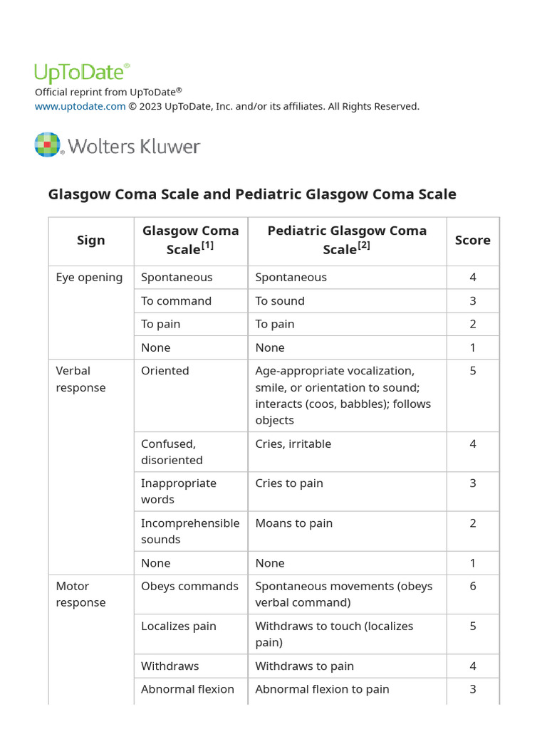 Glasgow Coma Scale and Pediatric Glasgow Coma Scale - UpToDate | PDF | Traumatic Brain Injury | Coma