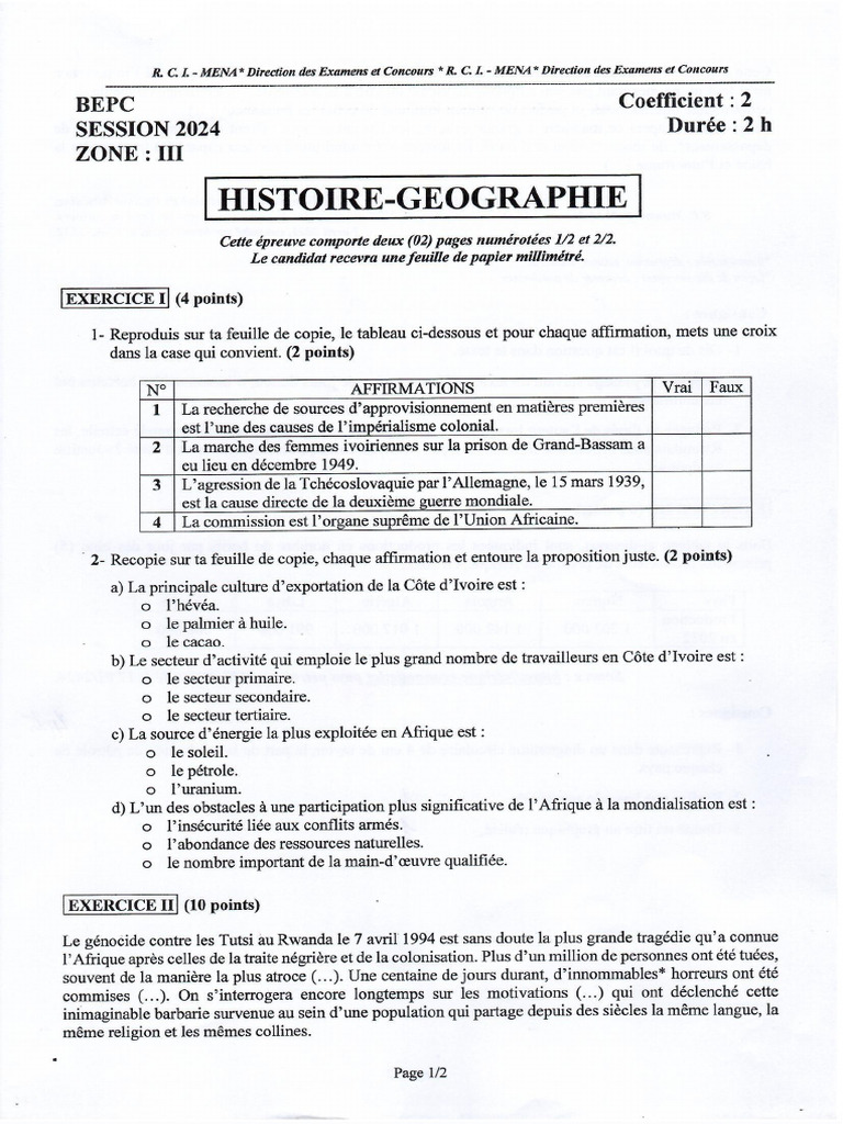 BEPC 2024 HISTOIRE-GEOGRAPHIE + barème ZONE 3 | PDF