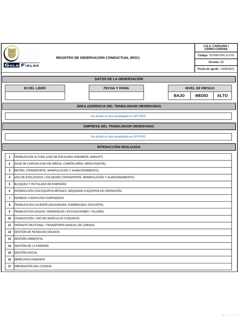 SSYMA P04.11 F02 Registro de Observacion Conductual ROC V8 | PDF | Residuos | Gestión de residuos