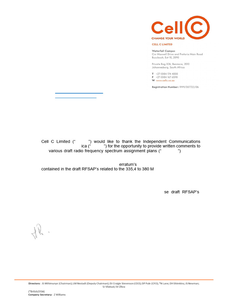 Cell C Submission On The Draft Radio Frequency Spectrum Assignment Plans | PDF | Radio Spectrum ...