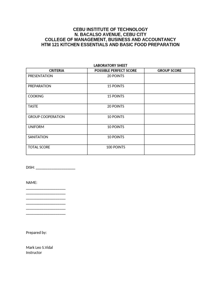 HTM 121 Kitchen Essentials Lab Sheet | PDF
