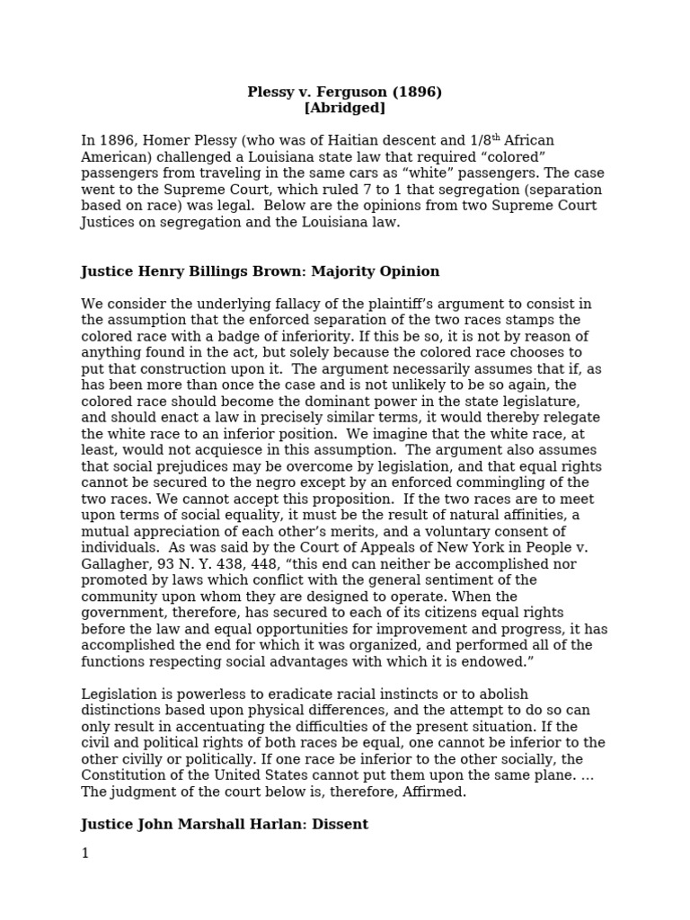 Plessy v. Ferguson: Segregation Ruling Explained | PDF | Citizenship ...