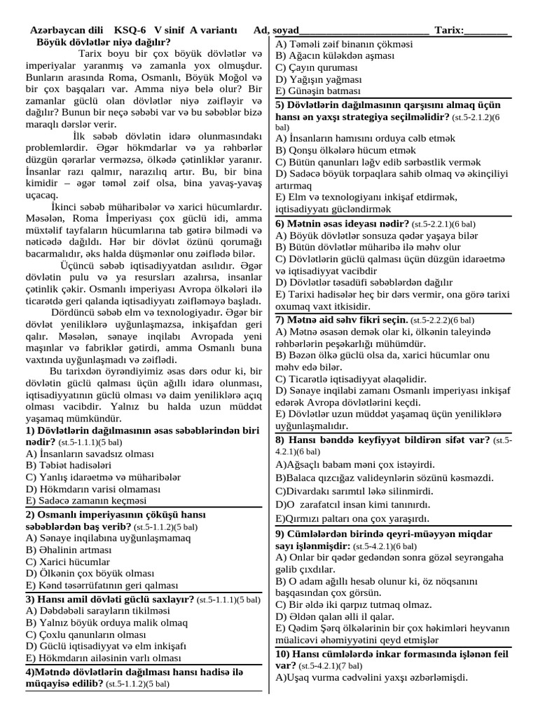 V Sinif Azərbaycan Dili KSQ-6 A Variantı 2024-2025 | PDF