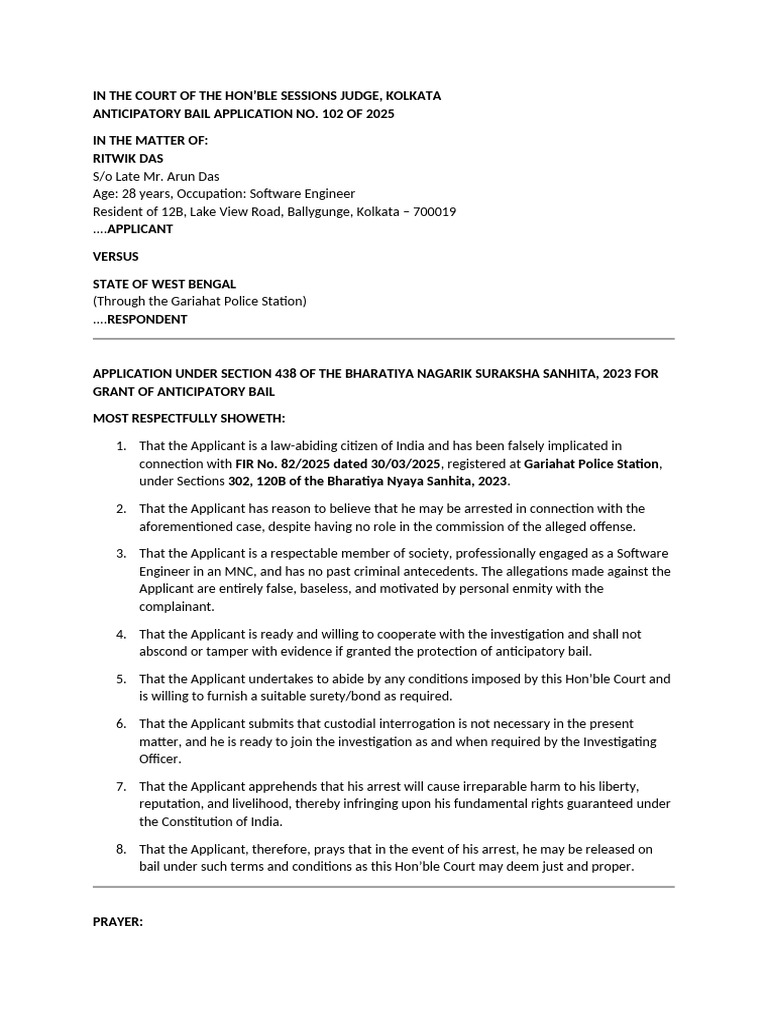 Sayantan Acharjya Anticipatory Bail Application | PDF | Bail | Criminal Law