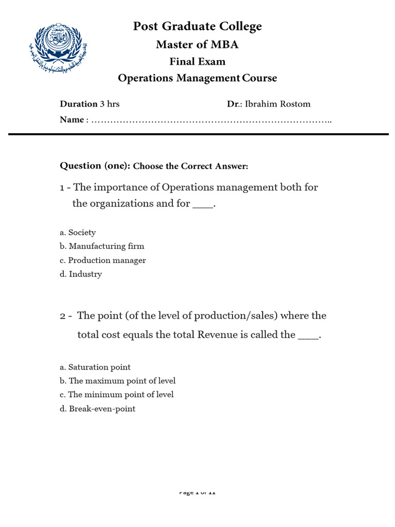 Operations Management Final Exam 8 | PDF | Forecasting | Operations ...