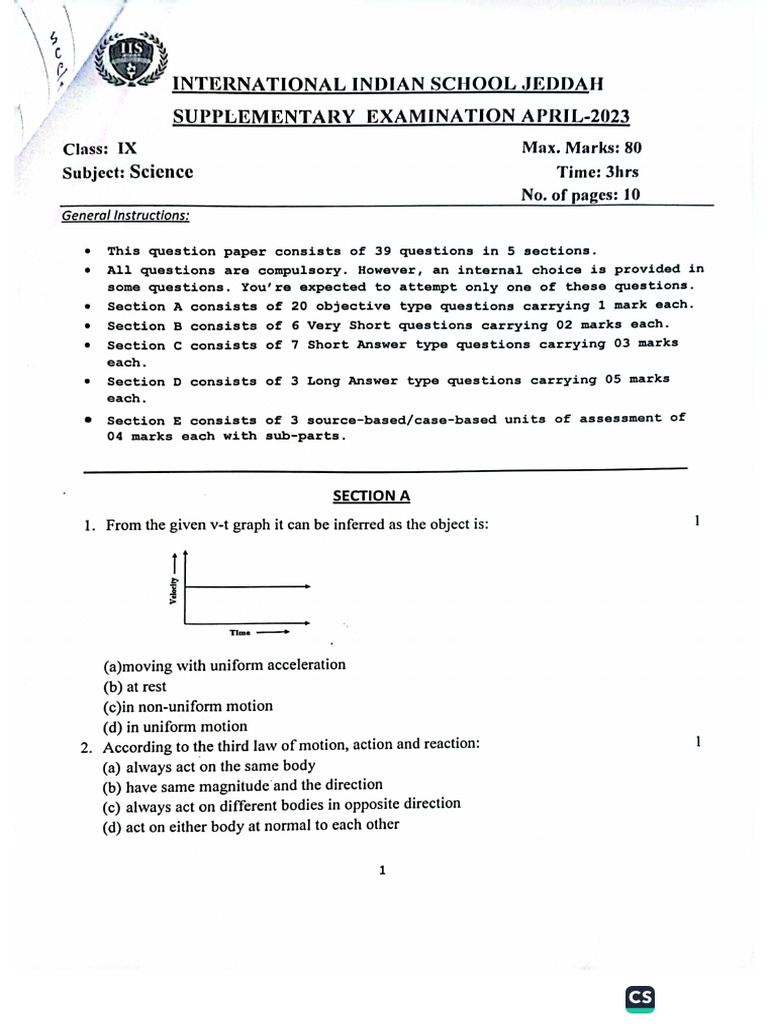 Supplementary Paper 2023-24 of Class 9th | PDF