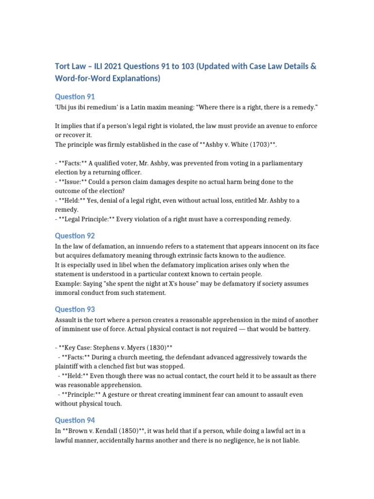 Tort Law ILI 2021 Q91 To Q103 2021 Detailed Explanations | PDF ...