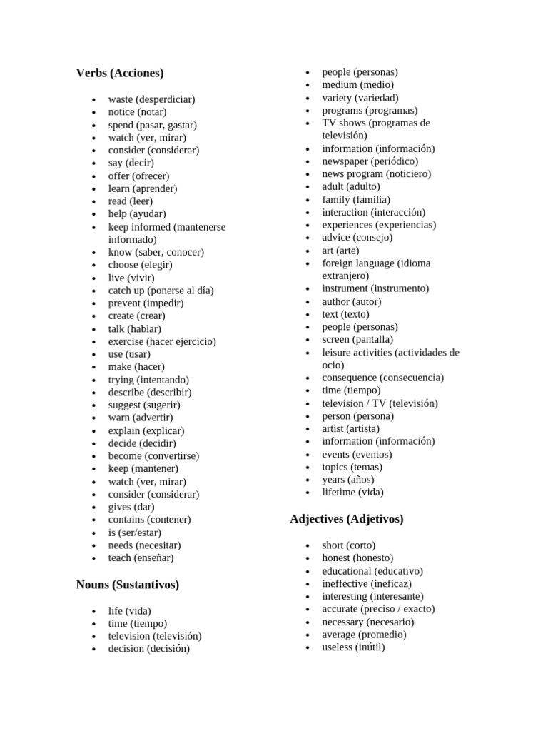 Vocabulary For The Final Test 11° Grade | PDF