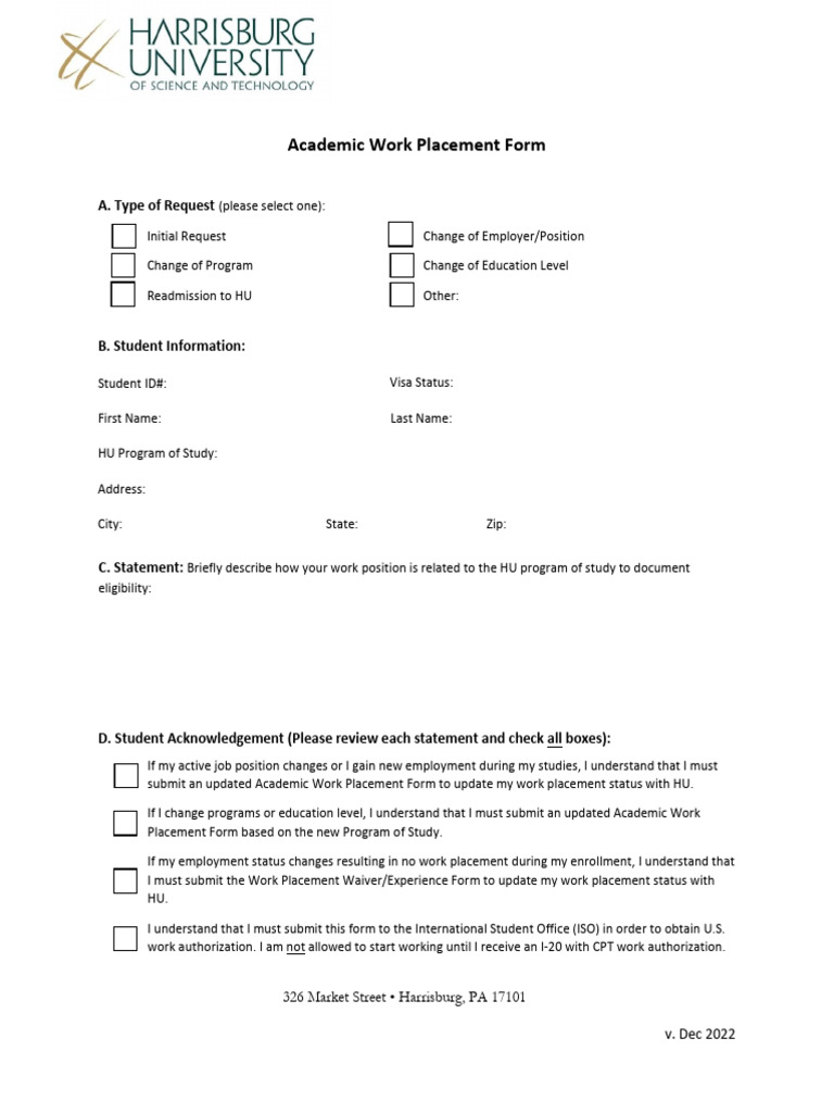 Academic Work Placement Form | PDF | Signature
