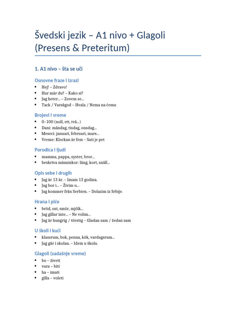 Svedski A1 I Glagoli | PDF