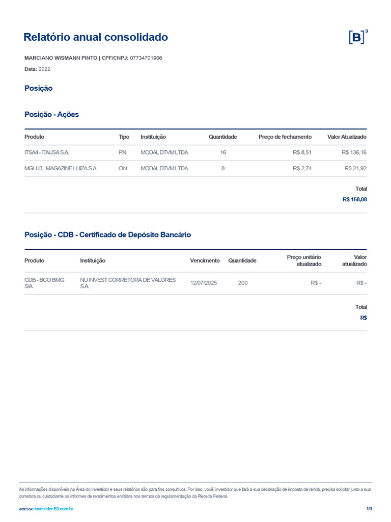 Relatorio Consolidado Anual 2022 | PDF | Comprovante de depósito | Investimentos
