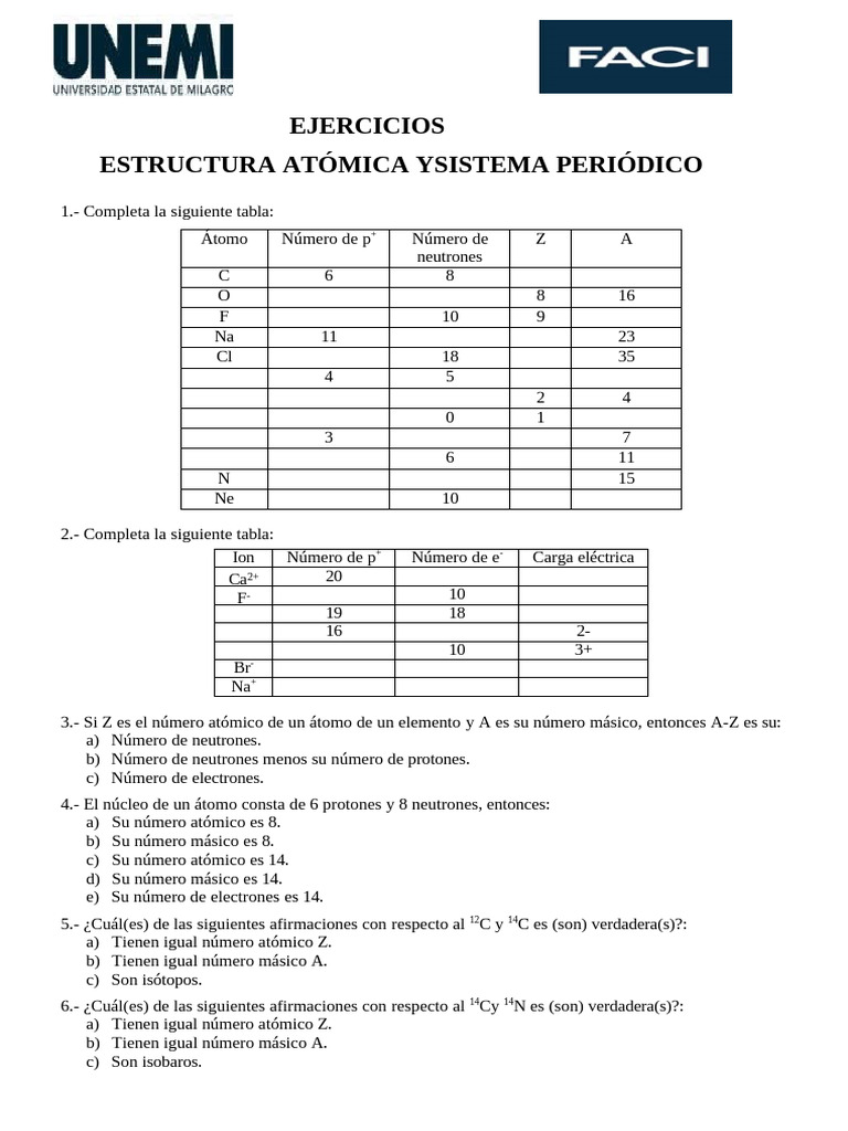 Taller de Estructura Del Atomo y Configuracion Electronica | PDF ...