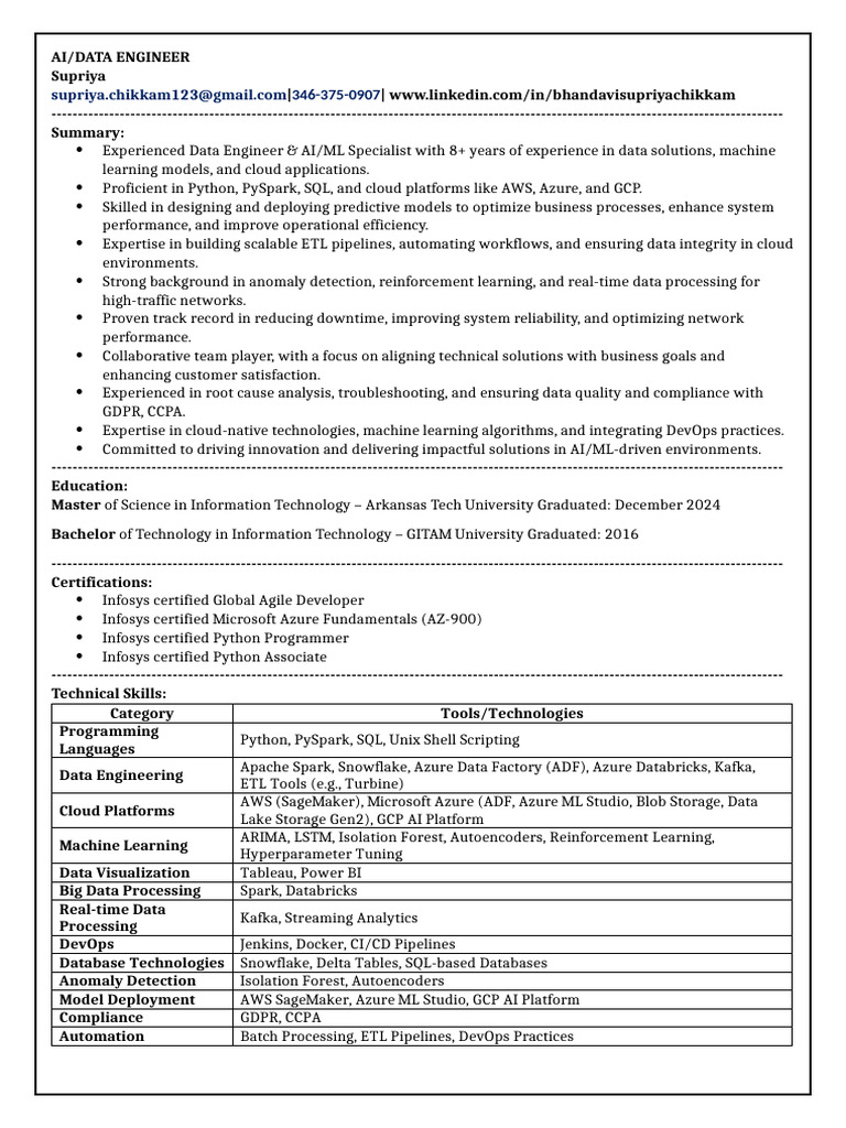 Supriya Data Engineer Resume | PDF | Apache Spark | Microsoft Azure