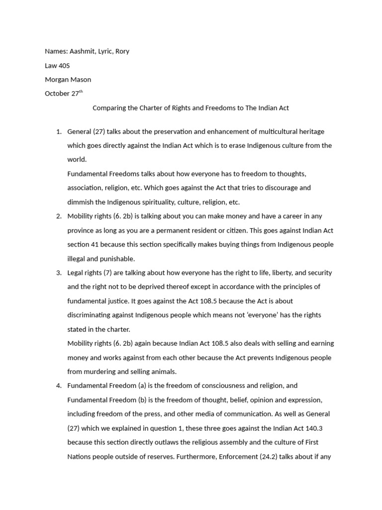 Comparing The Charter of Rights and Freedoms To The Indian Act | PDF ...