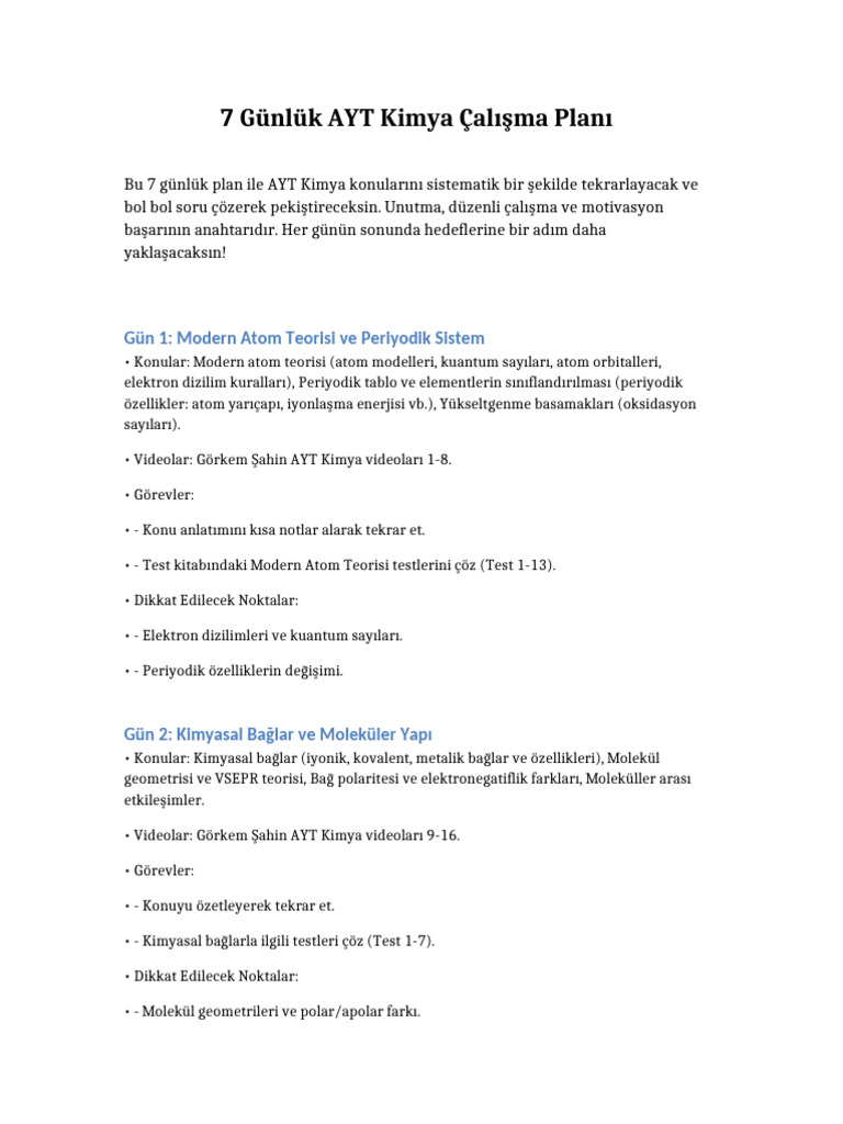 AYT_Kimya_Calisma_Plani | PDF