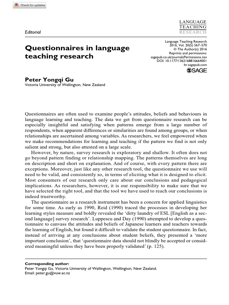 Yongqi Gu 2016 Questionnaires in Language Teaching Research | PDF | Likert Scale | English As A ...