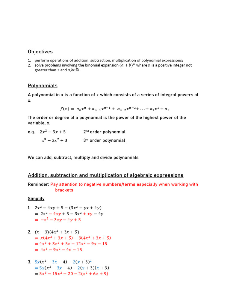 Algebraic Operations Lesson 1 | PDF | Polynomial | Subtraction