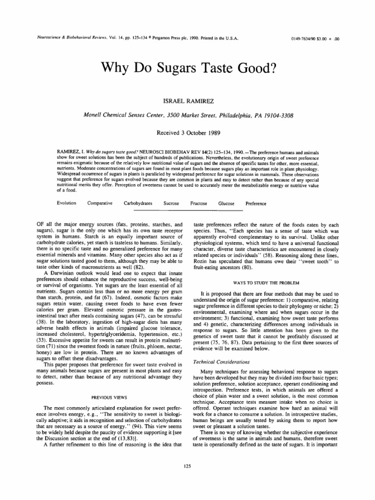 (1990) (A) Why Do Sugars Taste Good (Ramirez) | PDF | Foods | Taste