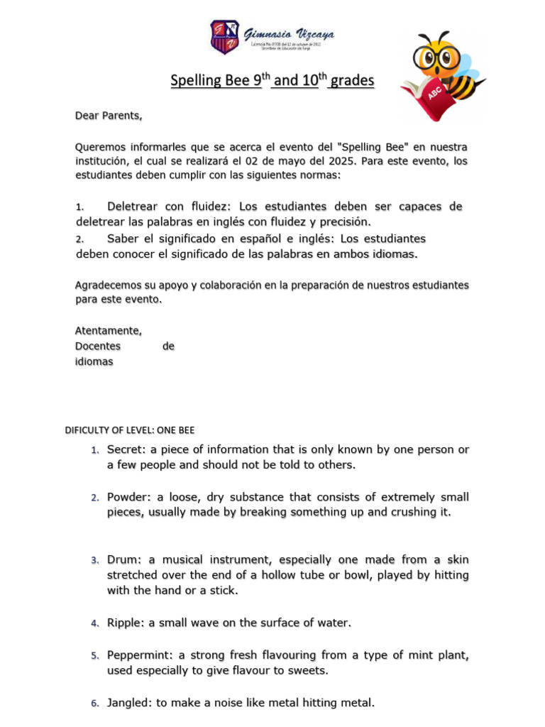 Spelling Bee 9th and 10th Grades | PDF