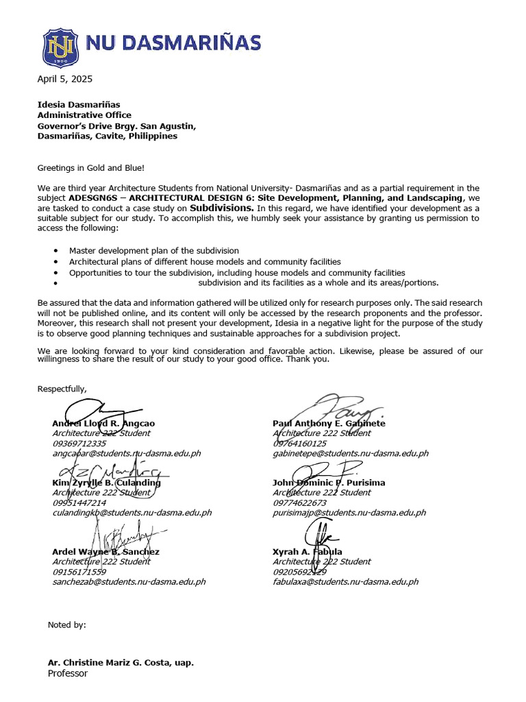 Revised - Idesia Dasmariñas Subdivision Letter For Site Visit | PDF