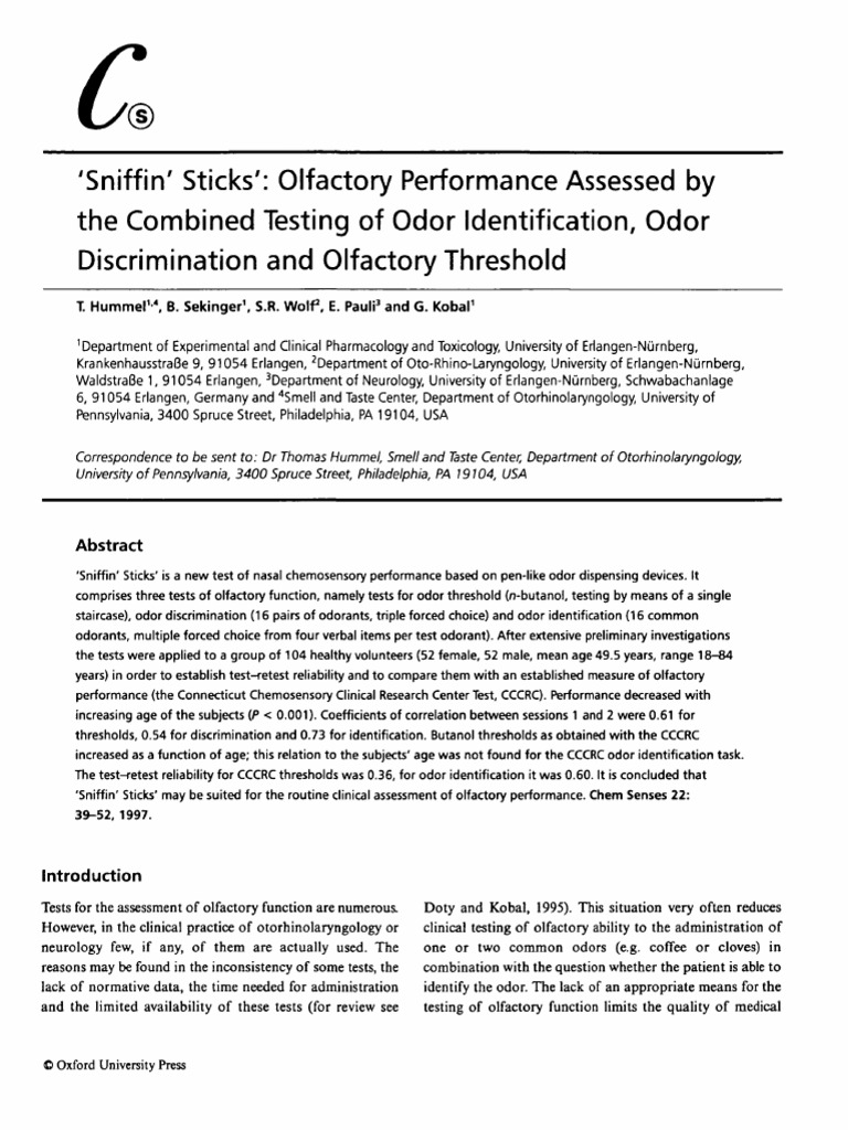Sniffin' Sticks: Olfactory Testing Kit | PDF | Odor