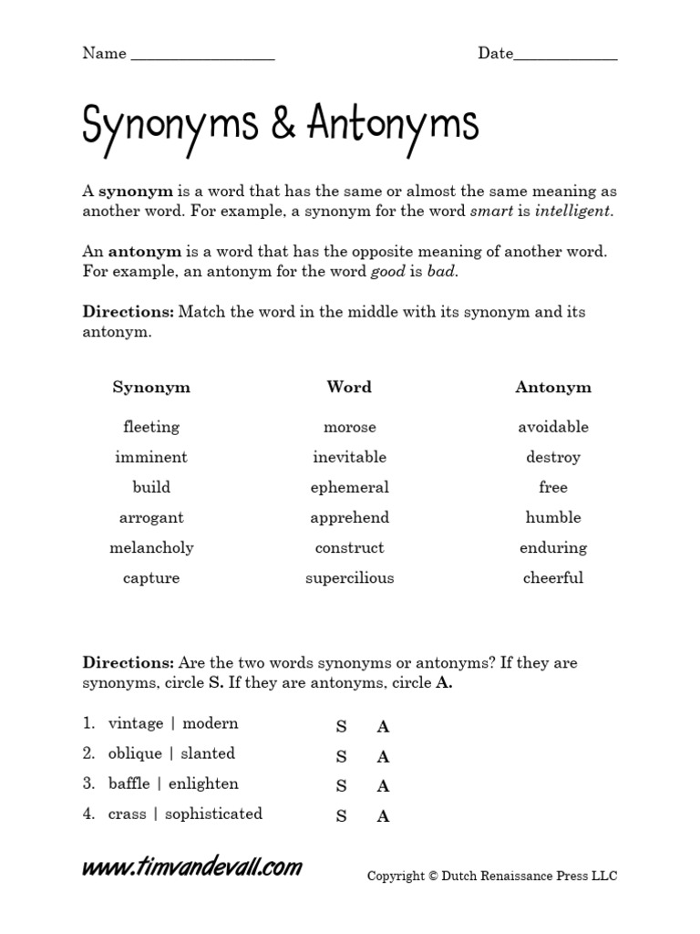 Synonyms and Antonyms Worksheet 2 | PDF | Semiotics | Grammar