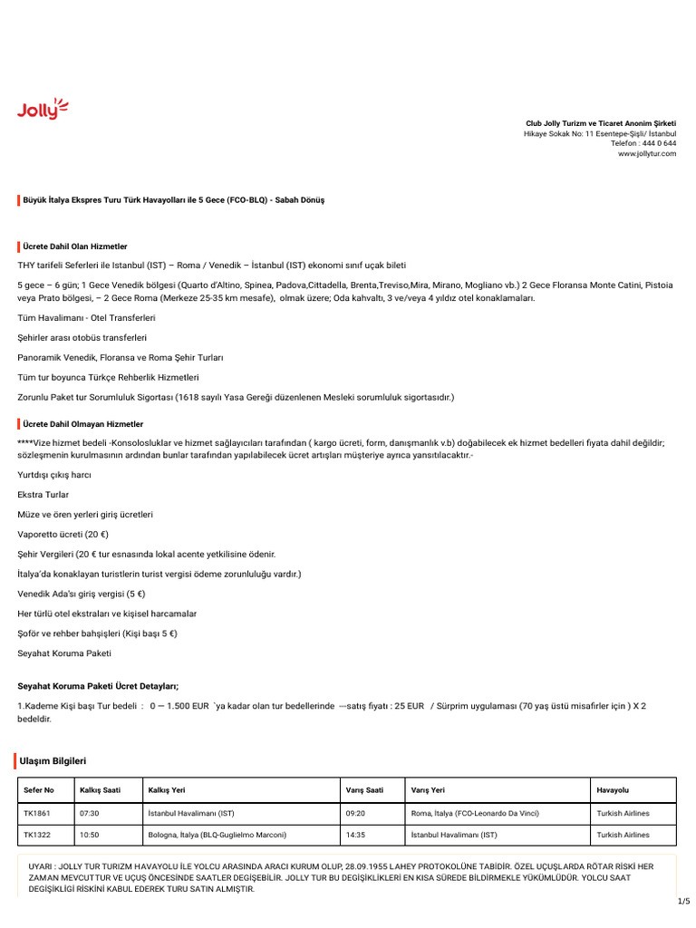Buyuk Italya Ekspres Turu Turk Havayollari Ile 5 Gece (FCO-BLQ) - Sabah Donus | PDF
