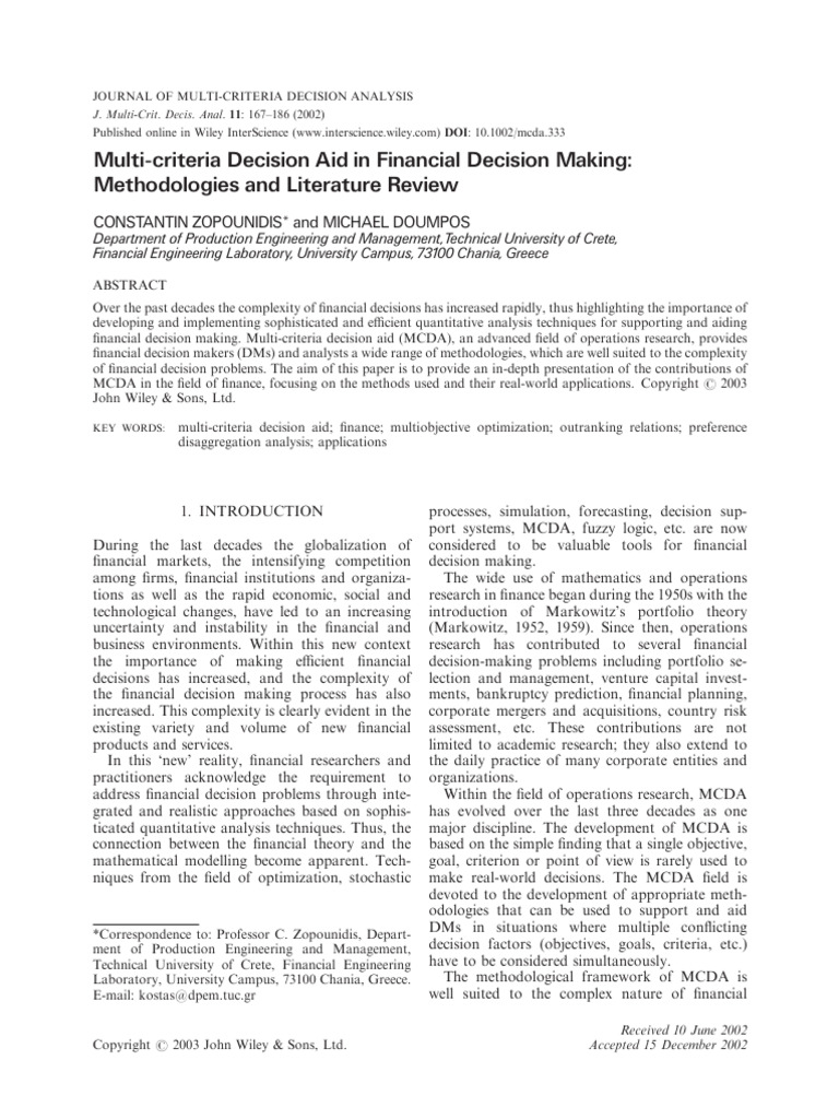 Multi Criteria Decision Anal - 2003 - Zopounidis - Multi‐criteria decision aid in financial ...