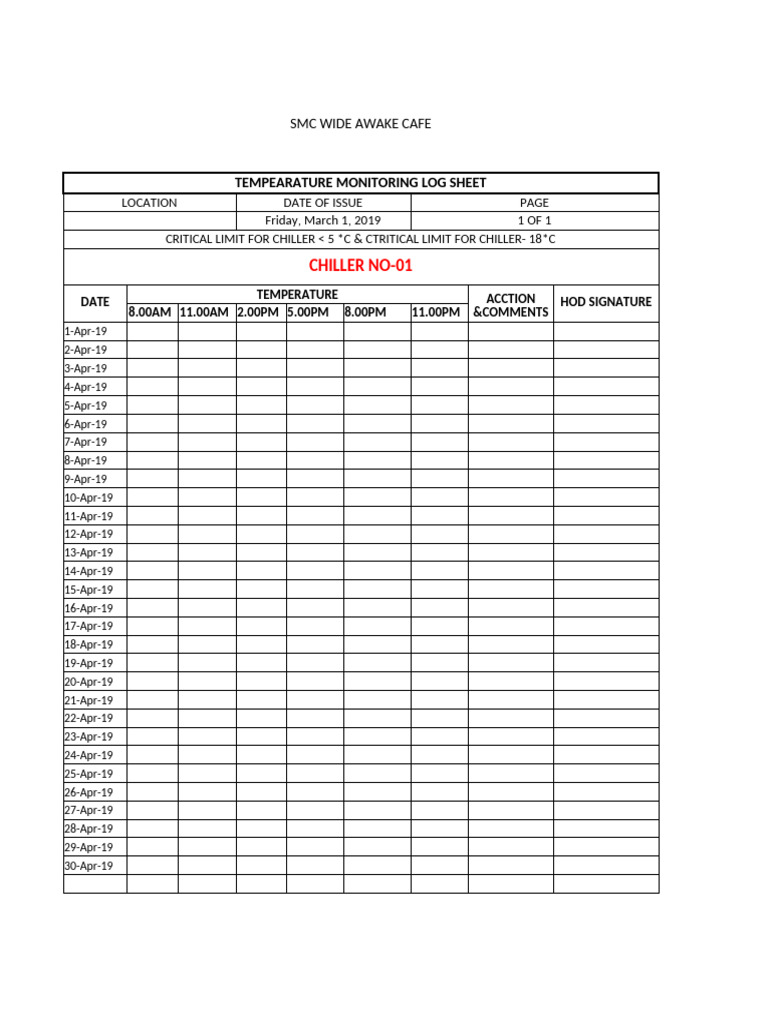 CHILLER TEMPEARTURE FORMAT | PDF