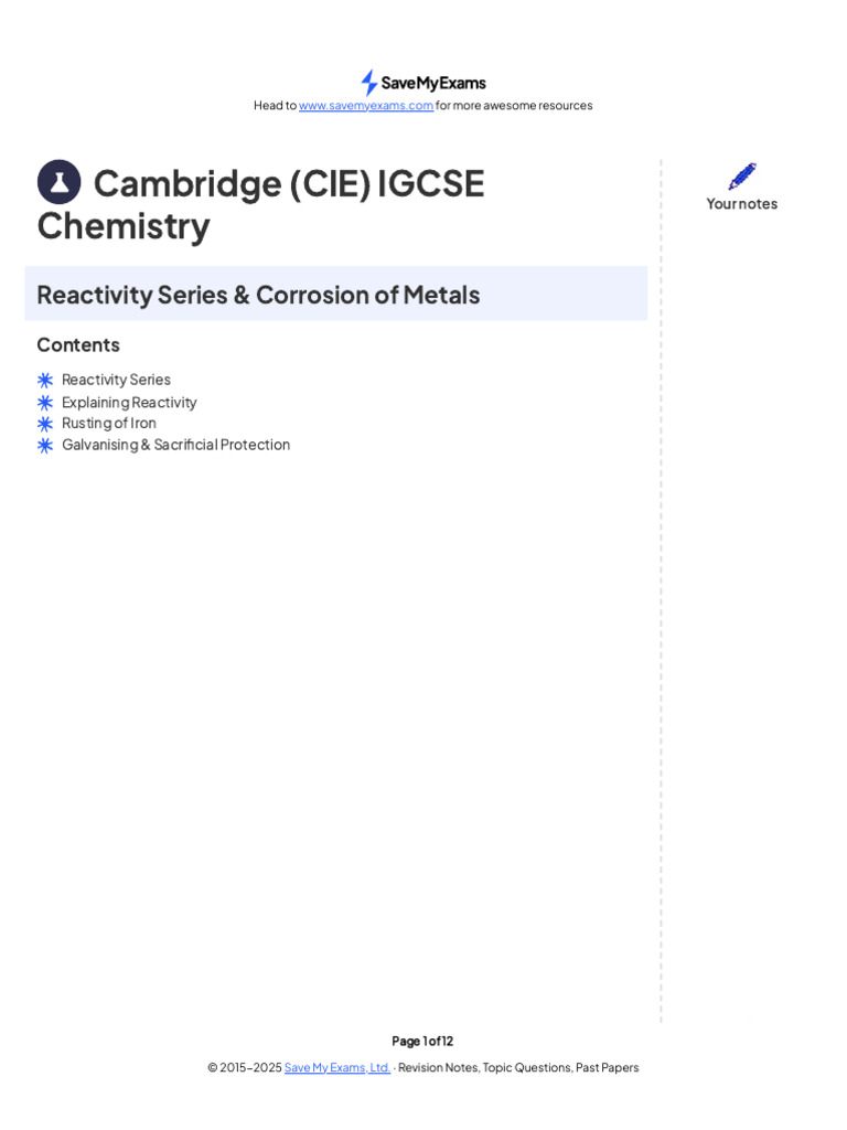 Reactivity Series & Corrosion of Metals | PDF | Rust | Chemical Reactions