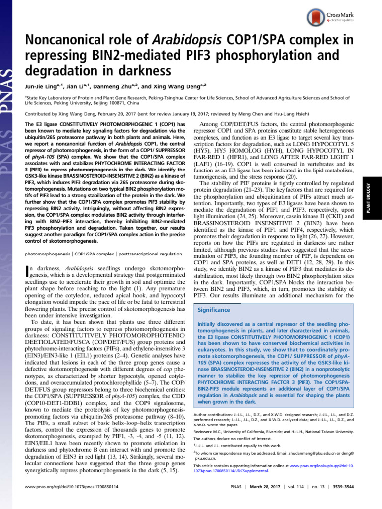 Ling Et Al 2017 Noncanonical Role of Arabidopsis Cop1 Spa Complex in ...