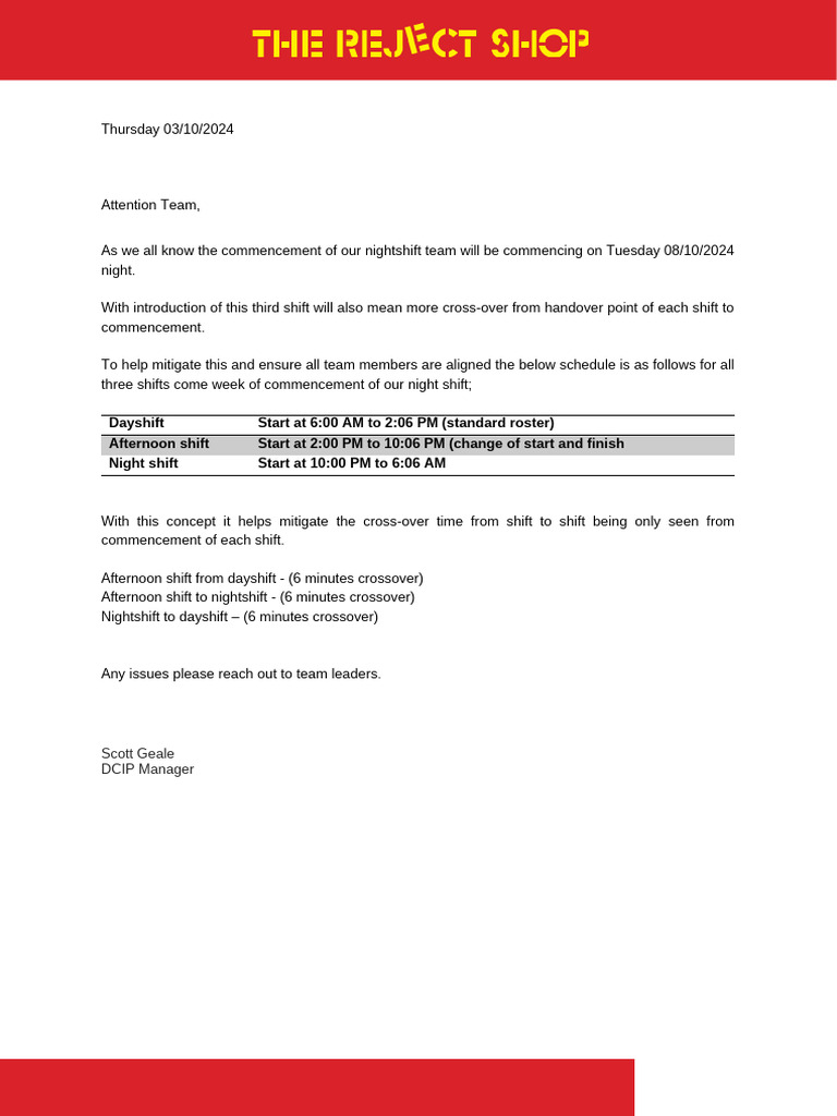 Letter - Night Shift Announcement | PDF