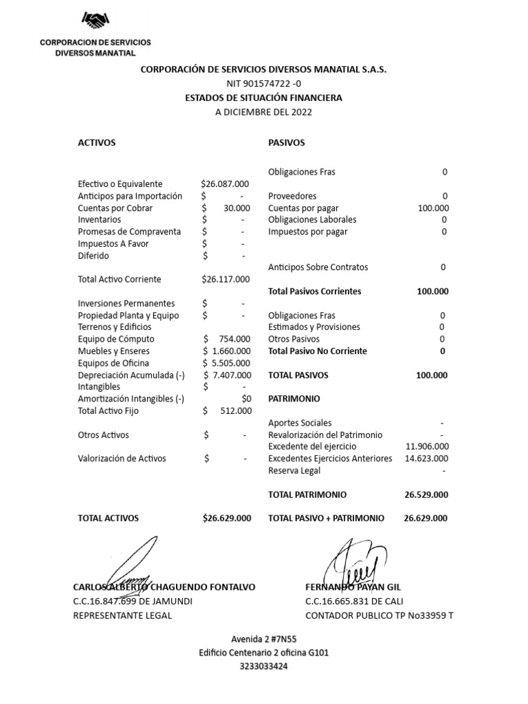 Corporación de Servicios Diversos Manatial Cuenta Corriente | PDF ...