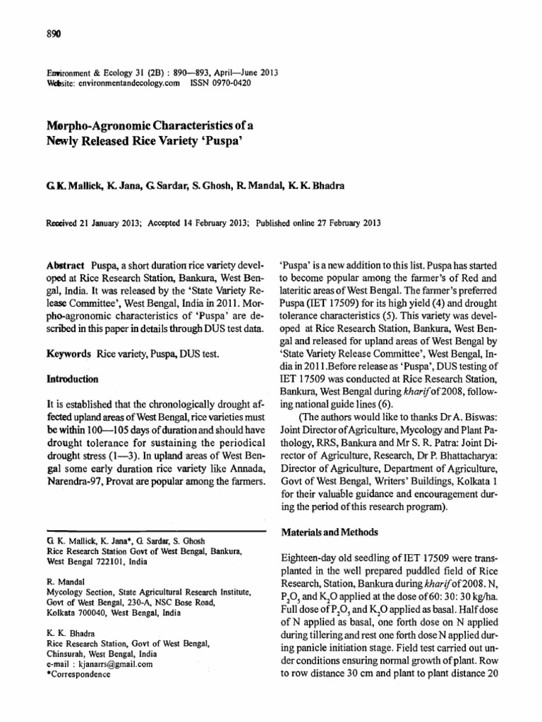 Mallick Et Al 2013 Morpho Agronomic Characteristics of A Newly Released Rice Variety Apos Puspa ...